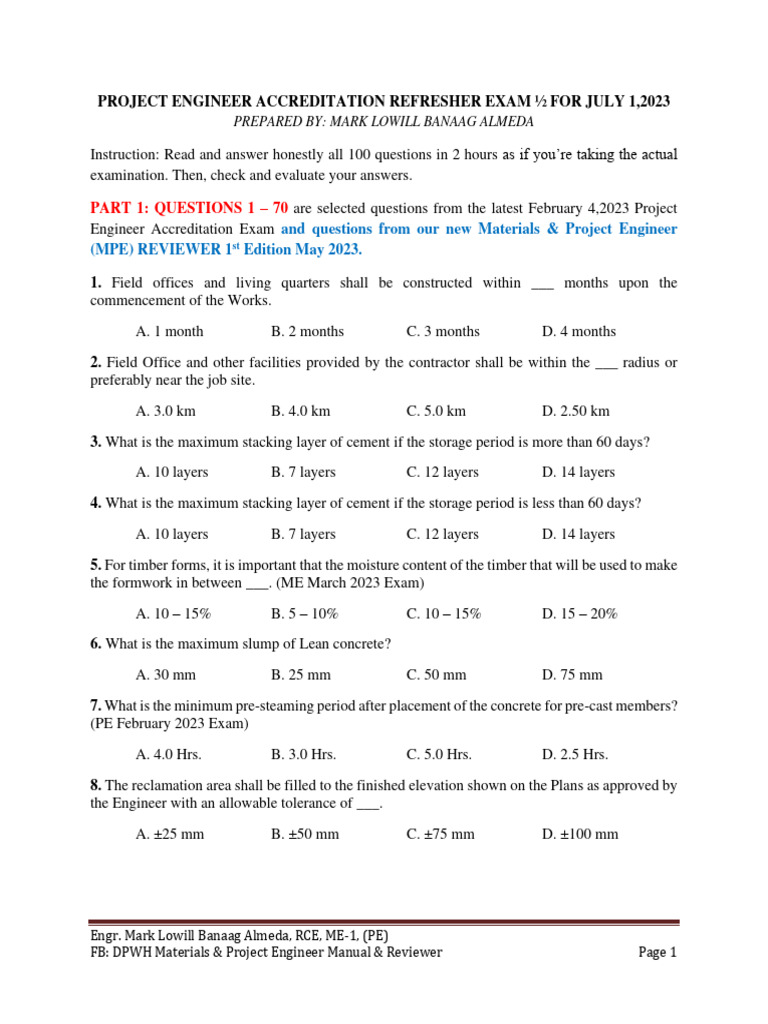 Project Engineer Refresher Exam 2023 | PDF | Concrete | Road