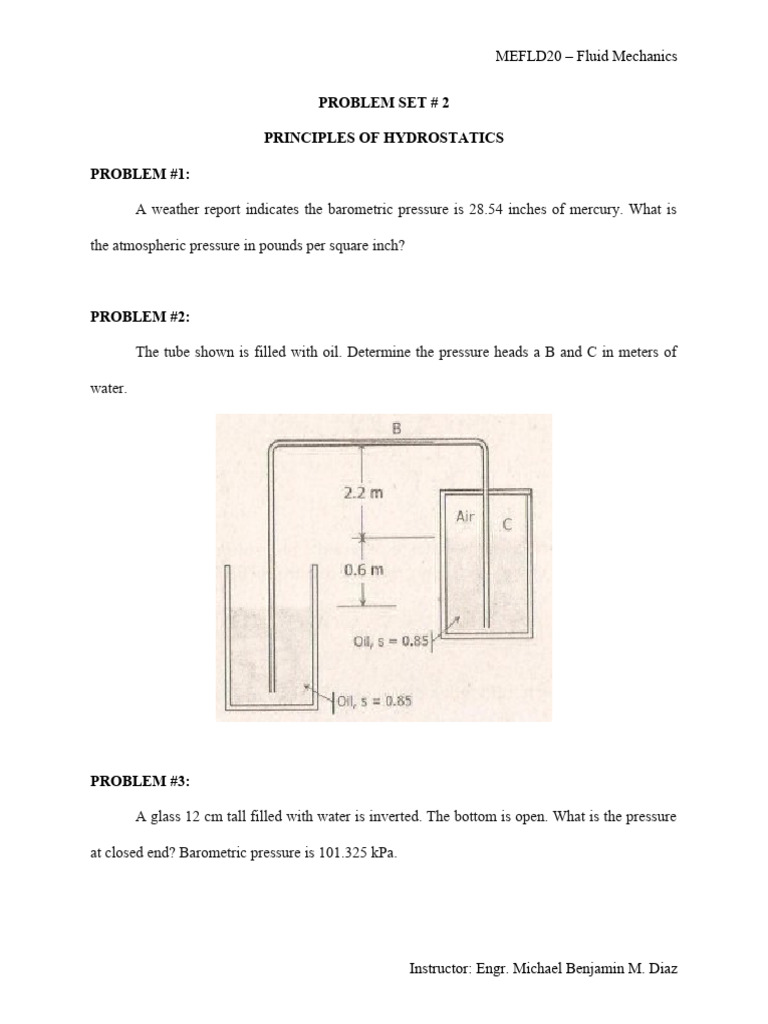 Problem Set 2 - Principles of Hydrostatic | PDF | Pressure | Soft Matter