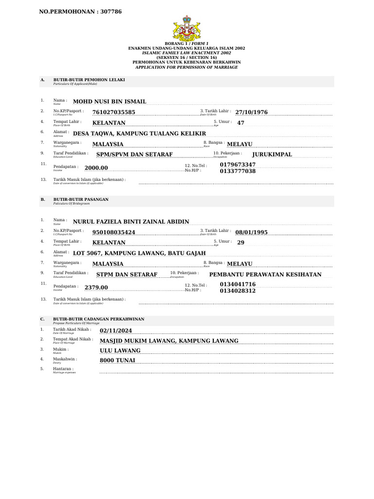 Borang Permohonan Nikah | PDF