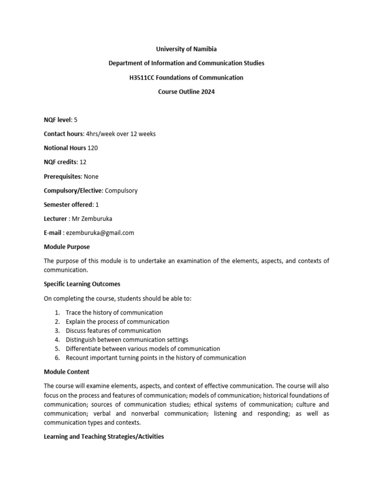 Foundations of Communication Course Outline 2024 | PDF | Communication ...