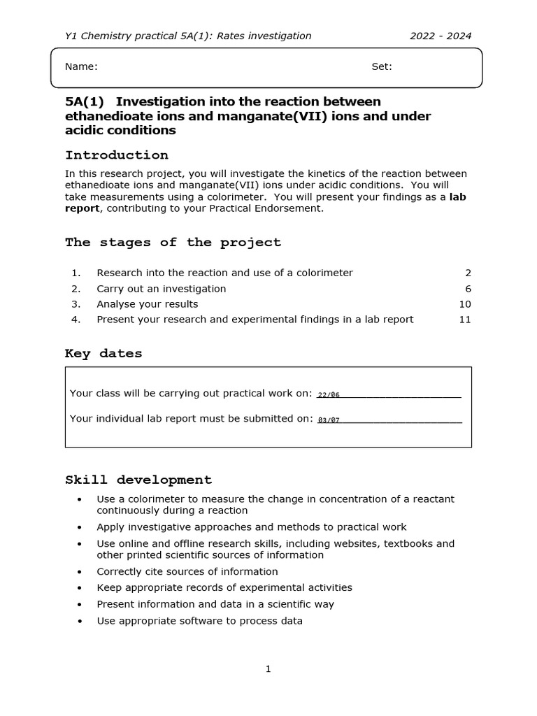 5A (1) Rates Investigation (Lab Report) - 2022 | PDF | Chemical Bond ...
