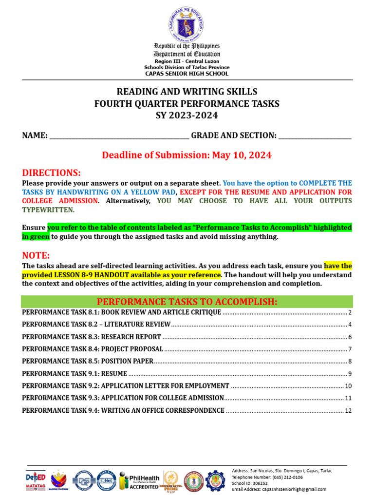 Fourth Quarter Performance Tasks Due On May 10 2024 | PDF | Mentorship | Climate Change