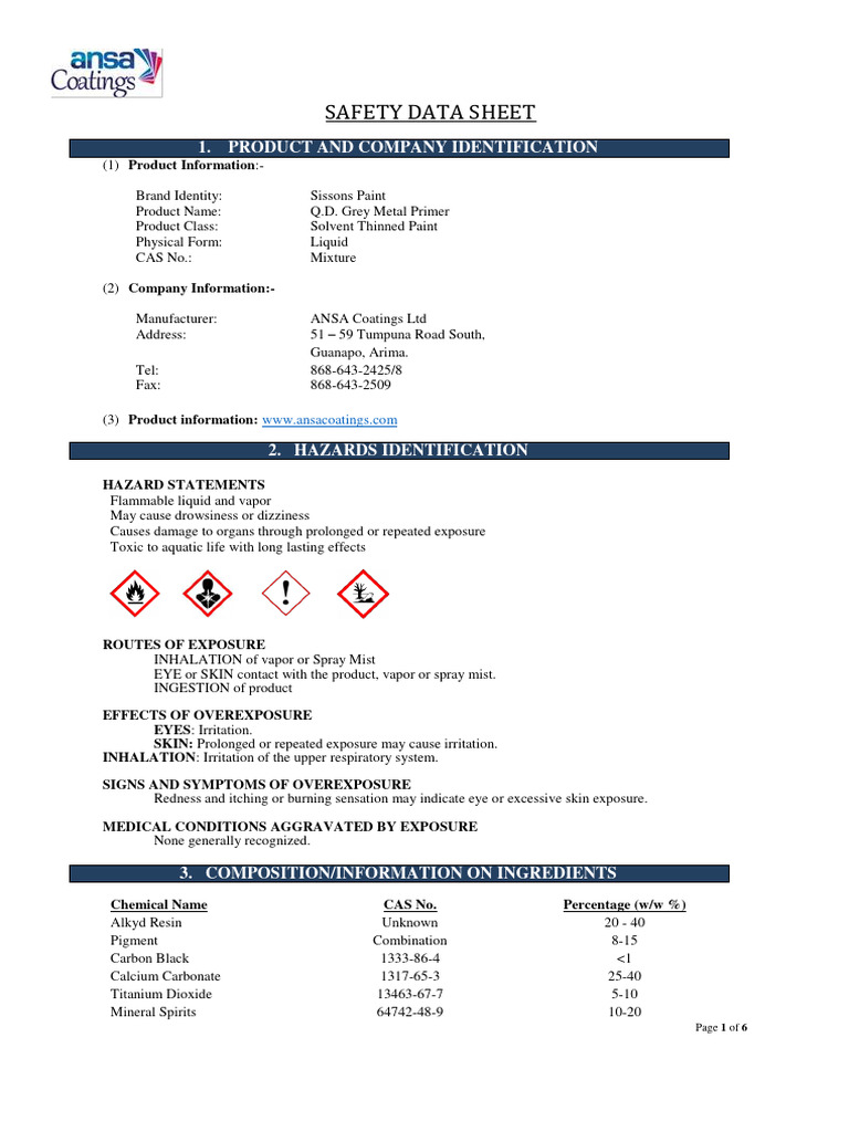 Q.D. Grey Metal Primer Safety Data Sheet | PDF | Paint | Chemistry