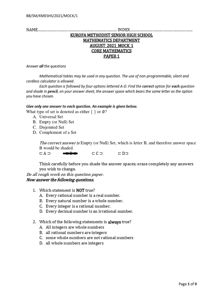 2021 Core Mathematics Mock Paper 1 NEW | PDF | Mathematics | Elementary ...