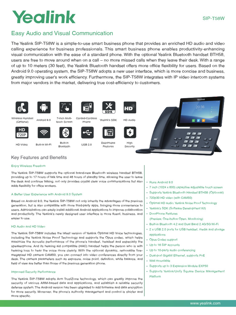 Yealink SIP T58W Datasheet | PDF | Telephone | Bluetooth