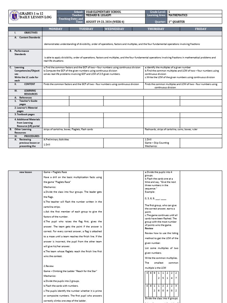 Grade 5 Math Lesson Plan: GCF & LCM | PDF | Division (Mathematics ...