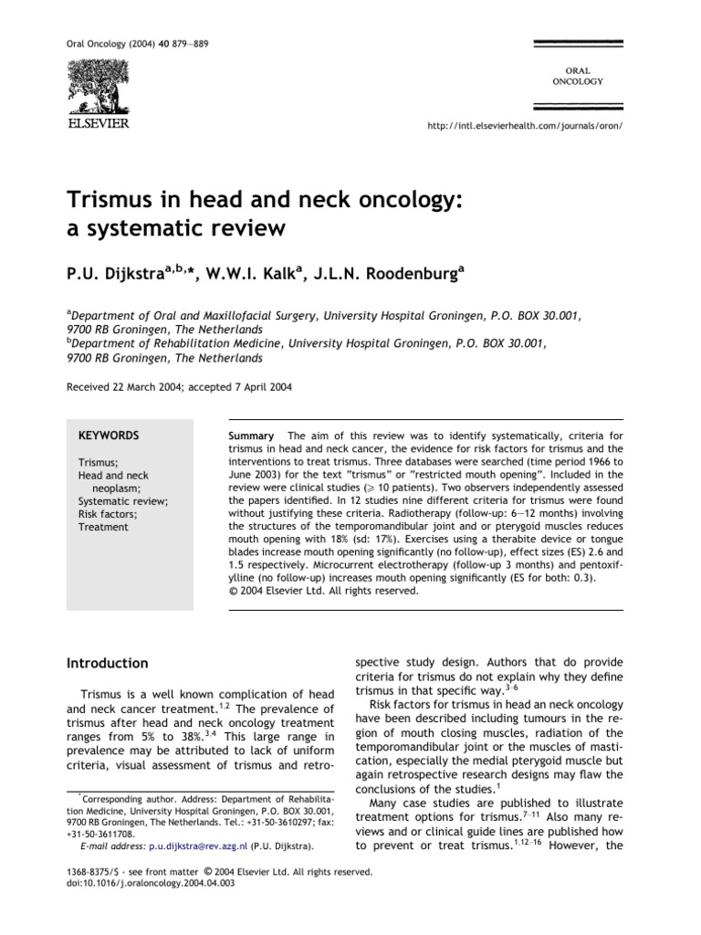 Trismus in Head and Neck Oncology | PDF | Head And Neck Cancer ...
