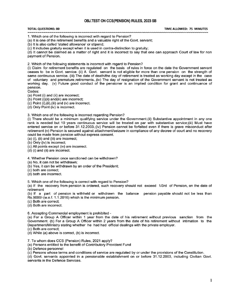 CCS(Pension) Rules objective test | PDF