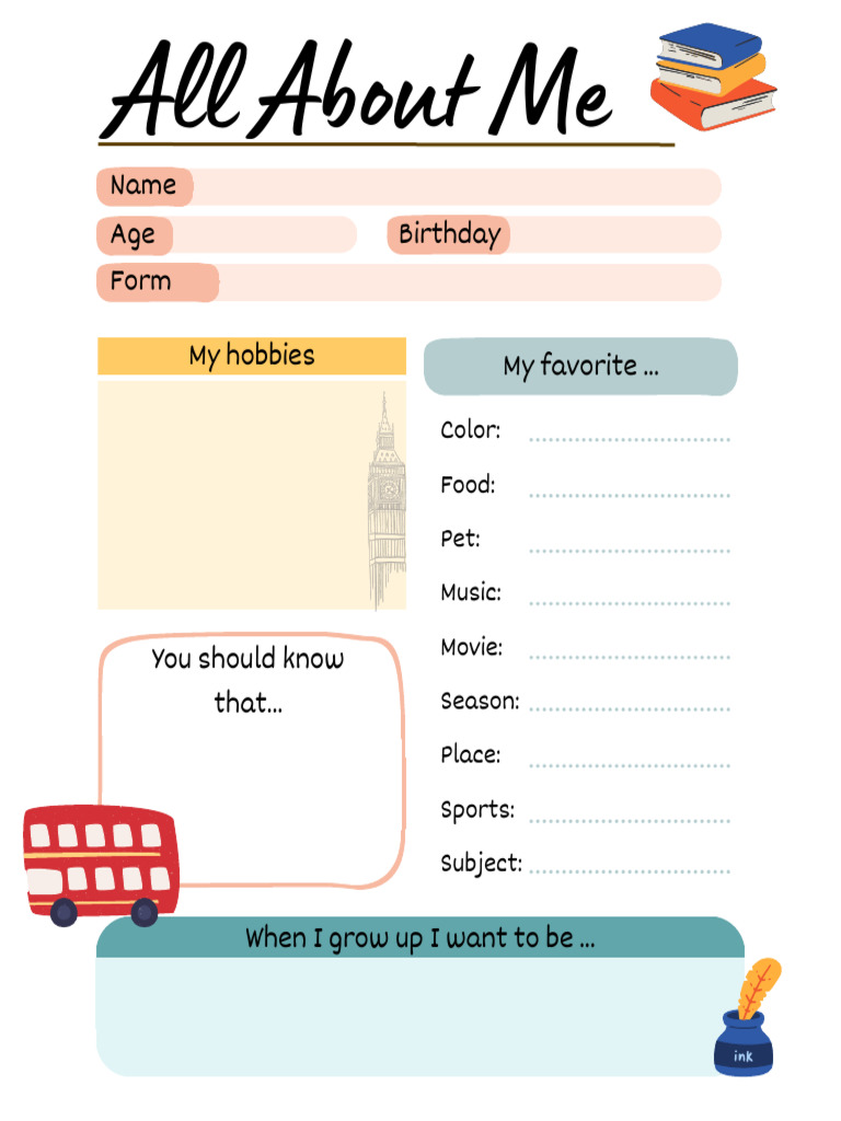 About Me Portrait Poster in Blue Pink and Yellow Playful Illustrative ...