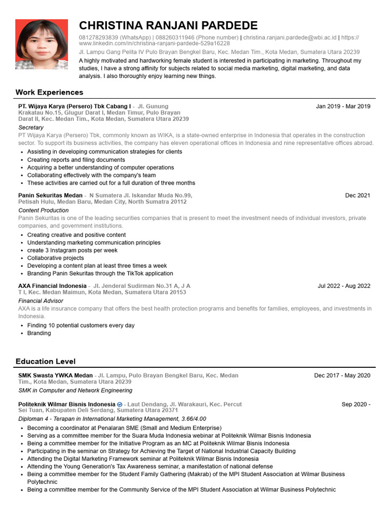 Christina Ranjani Pardede-Resume | PDF | Entrepreneurship | Economies
