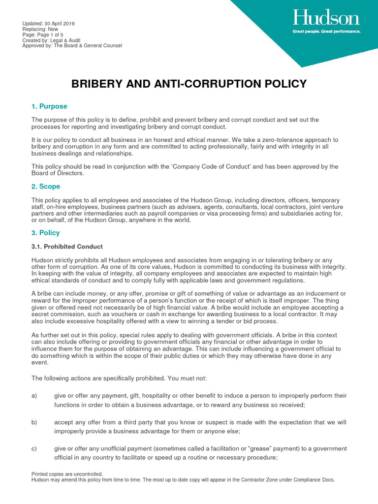 Bribery and Anti-Corruption Policy - English | PDF | Bribery | Corruption