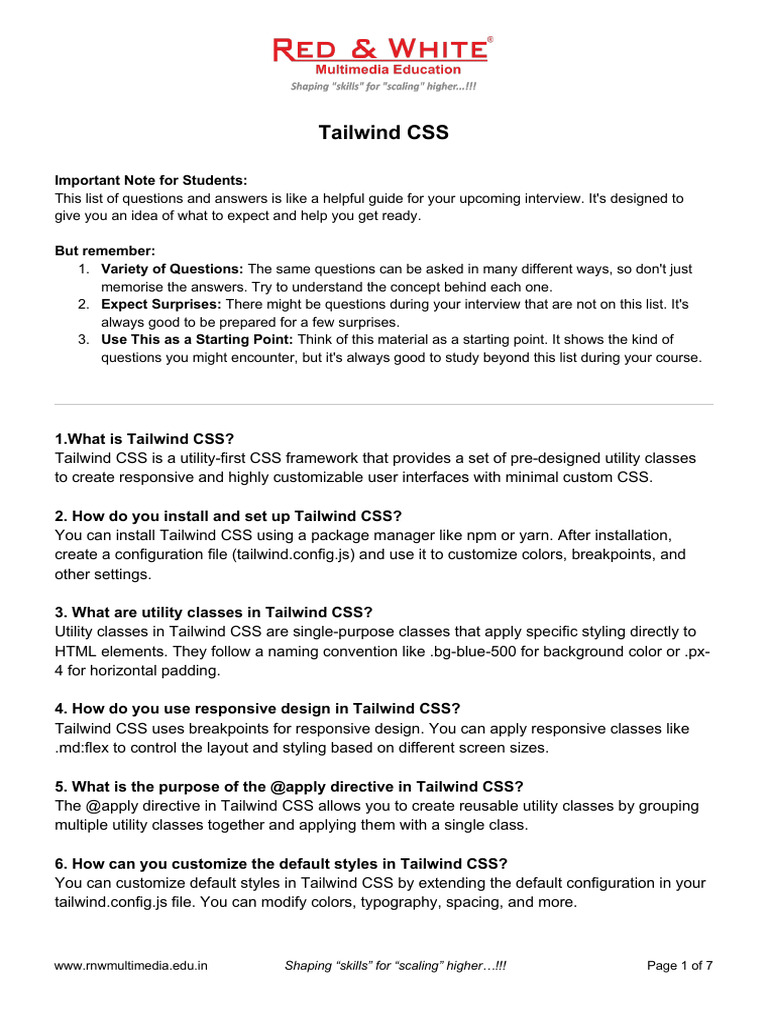 Tailwind CSS Ebook Interview Questions | PDF | Page Layout | Computing