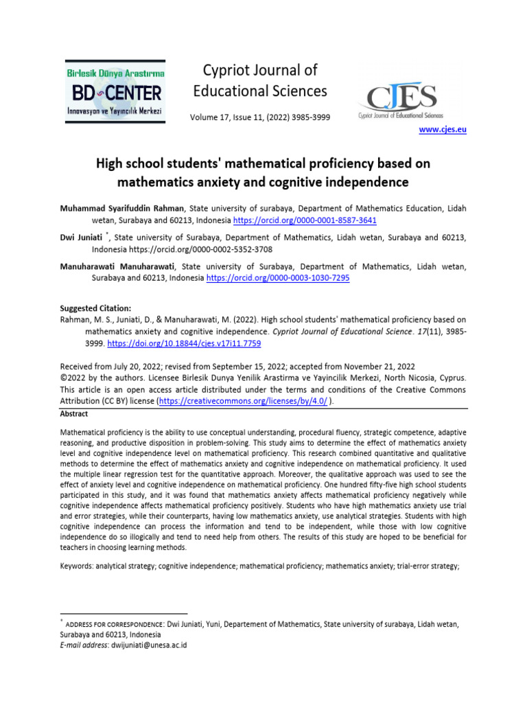 2022 Rahman - High School Students' Mathematical Proficiency Based On | PDF | Errors And ...