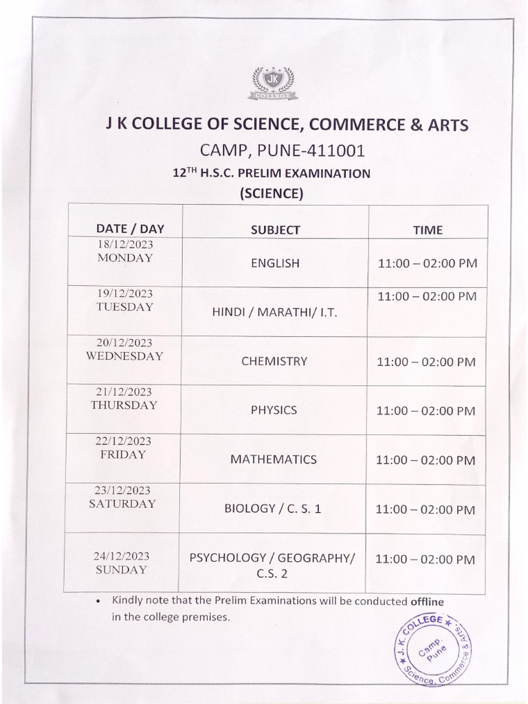Prelim Timetable 2023-24 | PDF