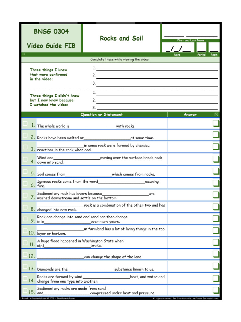Worksheet For Bill Nye - Rocks and Soil | PDF | Rock (Geology) | Learning