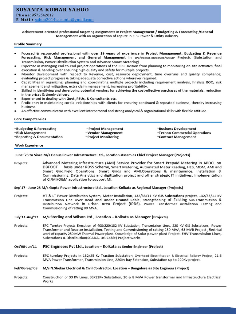 Susanta Sahoo - Project Management - 19 Years | PDF | Electrical Substation | Project Management