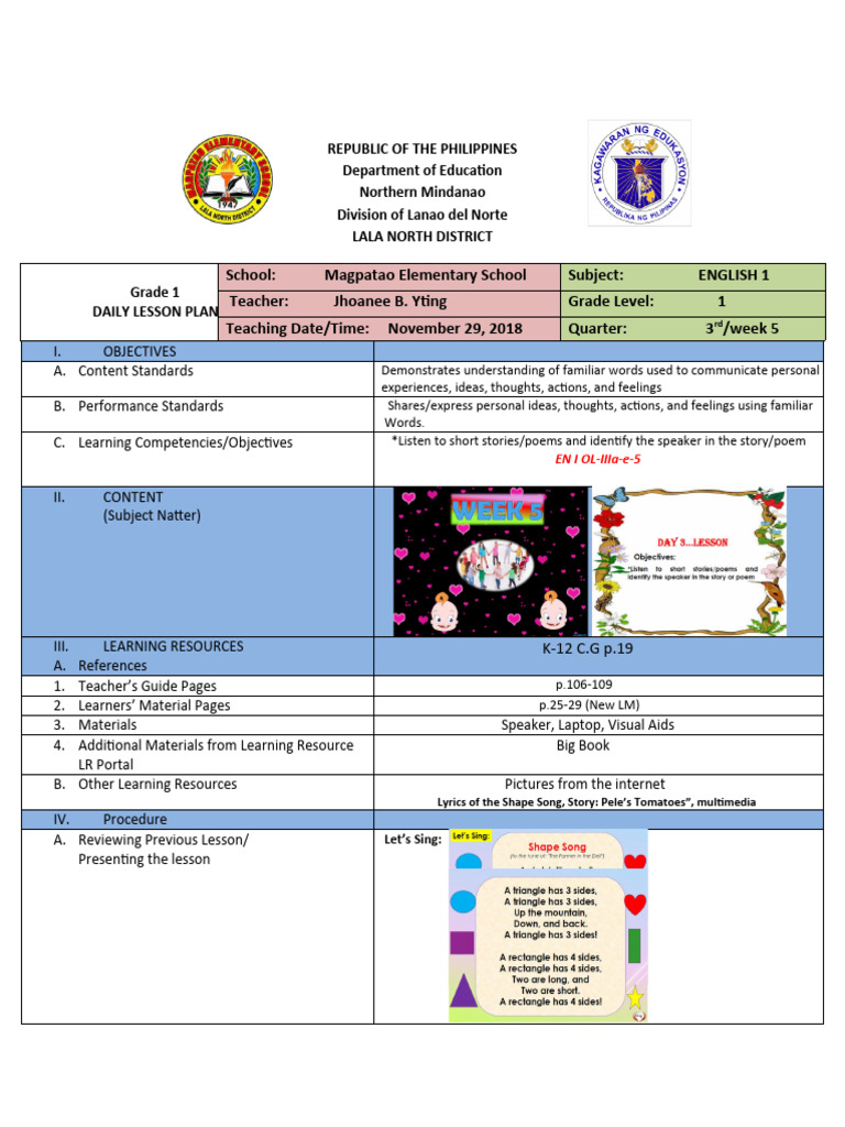 Daily Lesson Plan English 1 Week5 Q3 | PDF | Learning | Lesson Plan