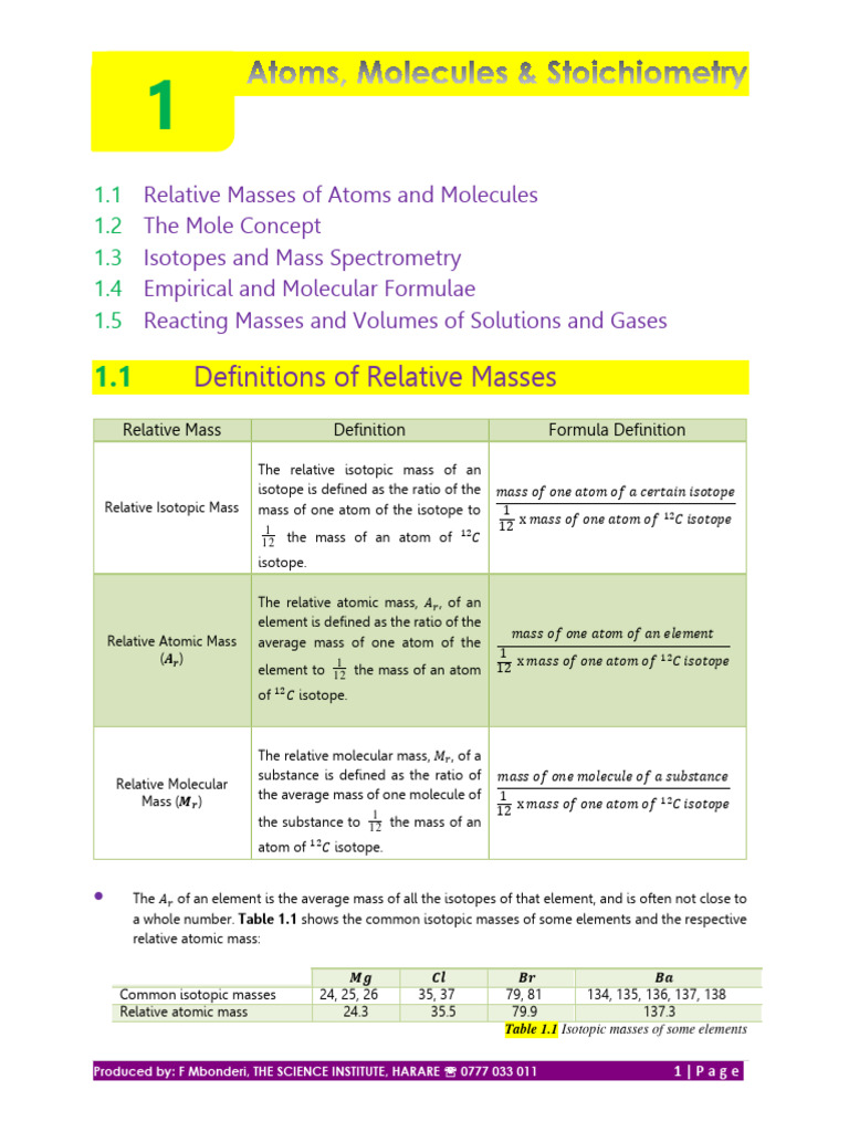 A) ATOMS, MOLECULES and STOICHIOMETRY | PDF | Mole (Unit) | Molecules