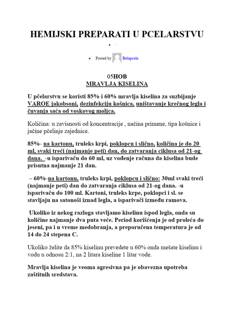 Hemijski Preparati U Pcelarstvu | PDF