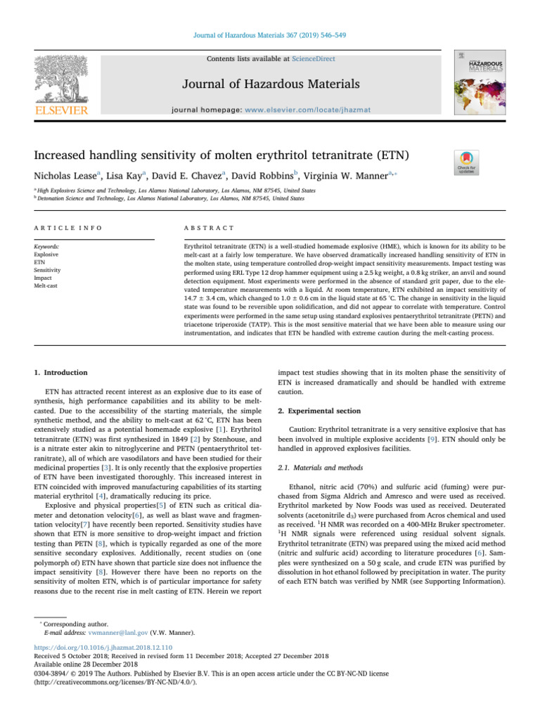 Increased Handling Sensitivity of Molten Erythritol Tetranitrate (ETN ...