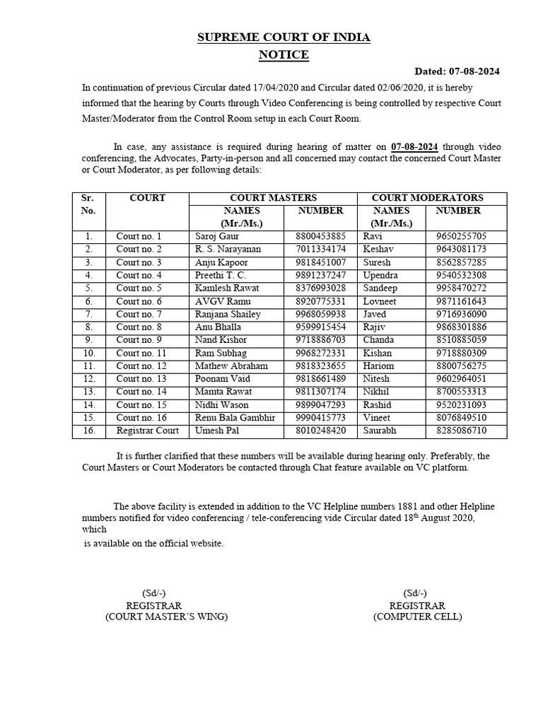 Supreme Court of India Notice: 07-08-2024 Through Video | PDF