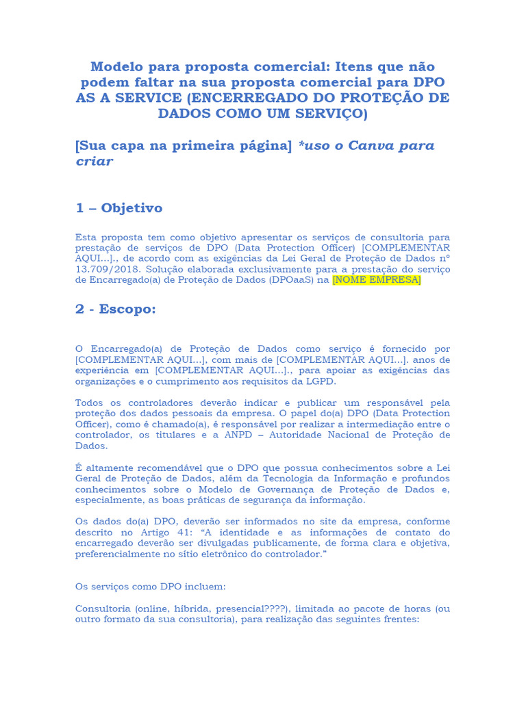 TEMPLATE - Modelo para Proposta Comercial - DPO AS A Service - o Que ...