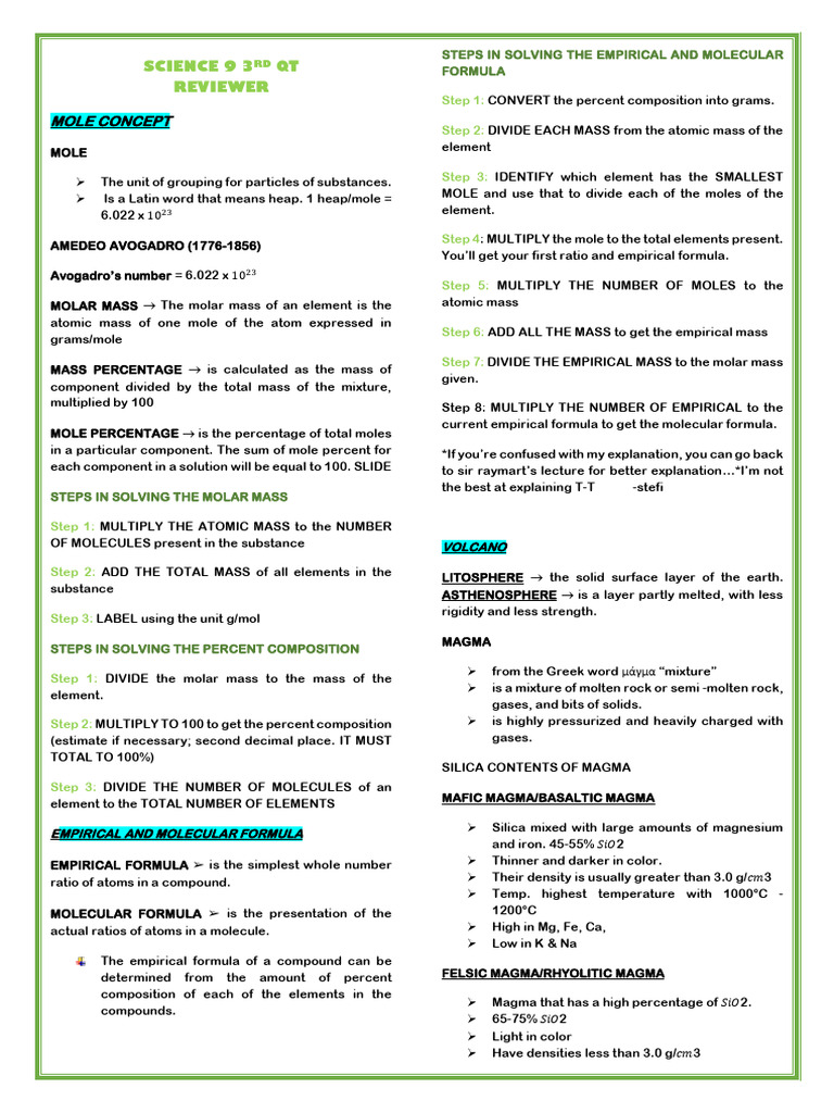 Science 9 3rd QT Reviewer | PDF | Volcano | Types Of Volcanic Eruptions
