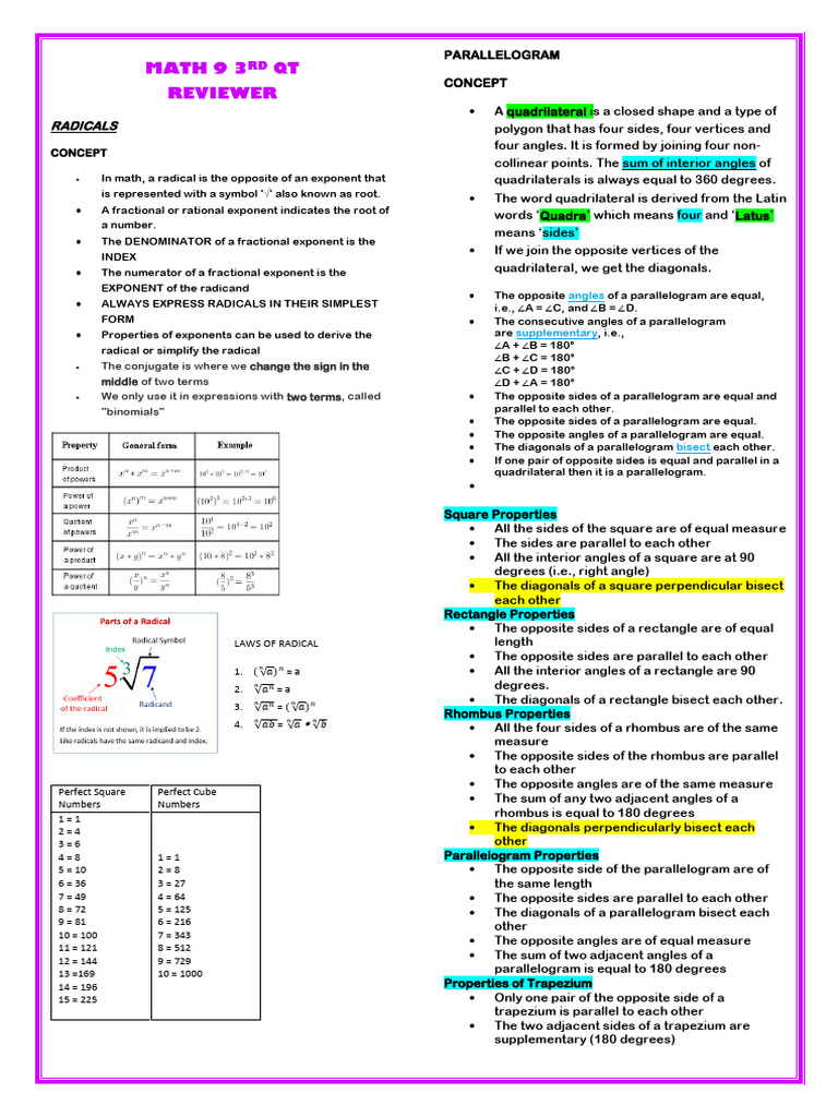 Math 9 3rd Qt Reviewer | PDF | Rectangle | Euclidean Plane Geometry