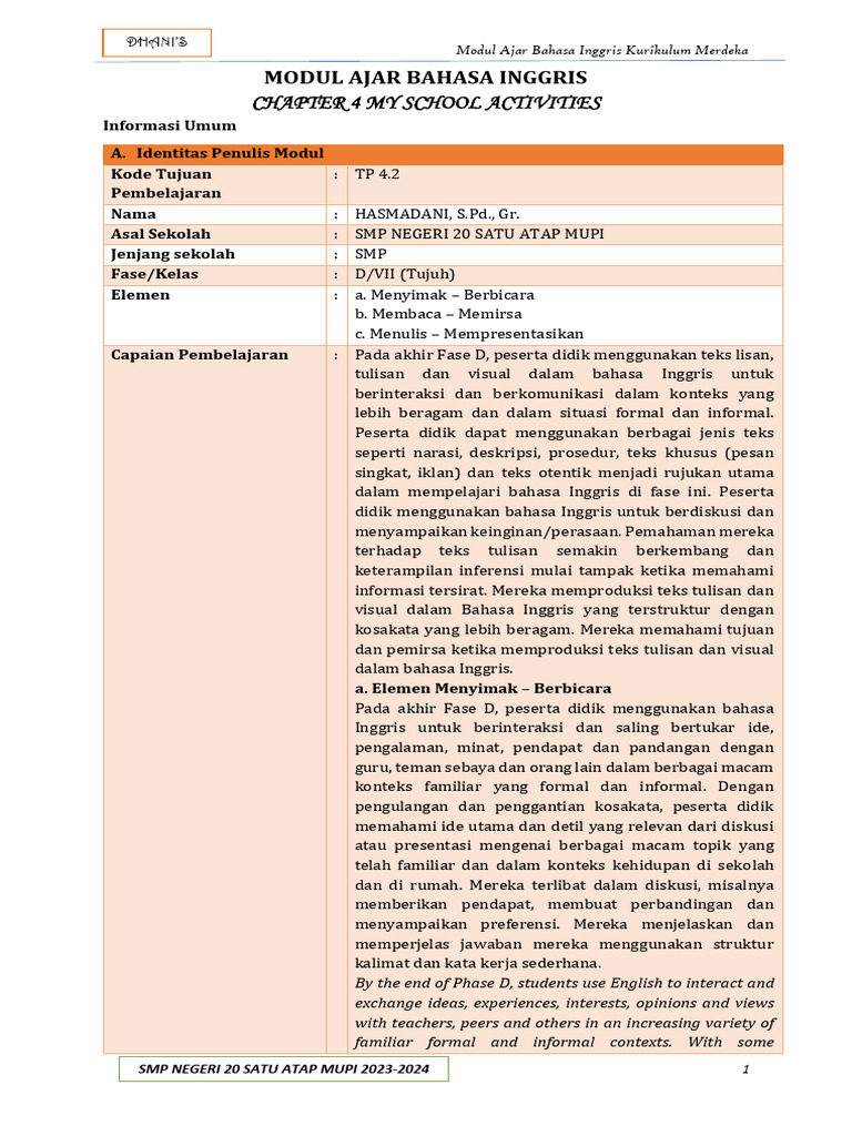 Modul Ajar Bahasa Inggris - Chapter 4 My School Activities Unit 2 My Online Class | PDF | Seni ...
