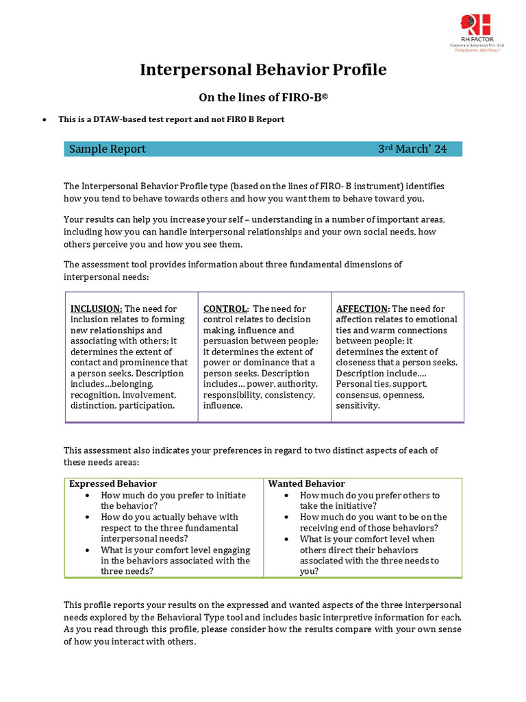 RH Factor Interpersonal Behavior Test - Sample Report | PDF | Behavior ...