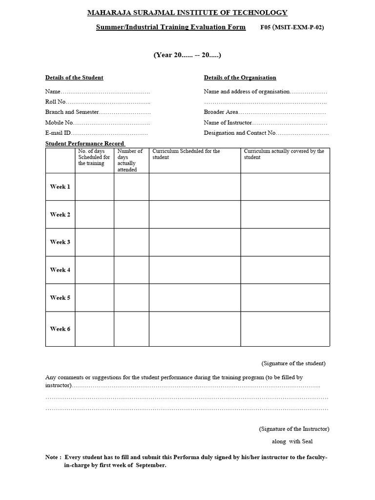 summer training ISO Form | PDF | Evaluation | Educational Assessment And Evaluation
