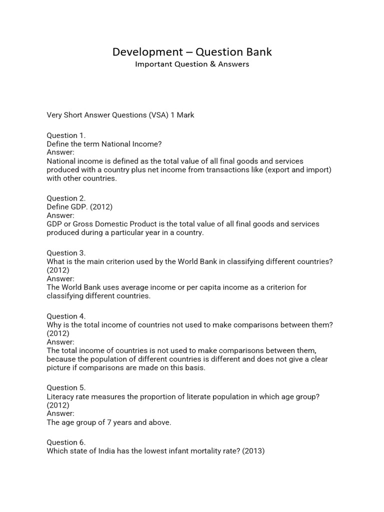 Development - Question Bank | PDF | Human Development Index | Gross ...
