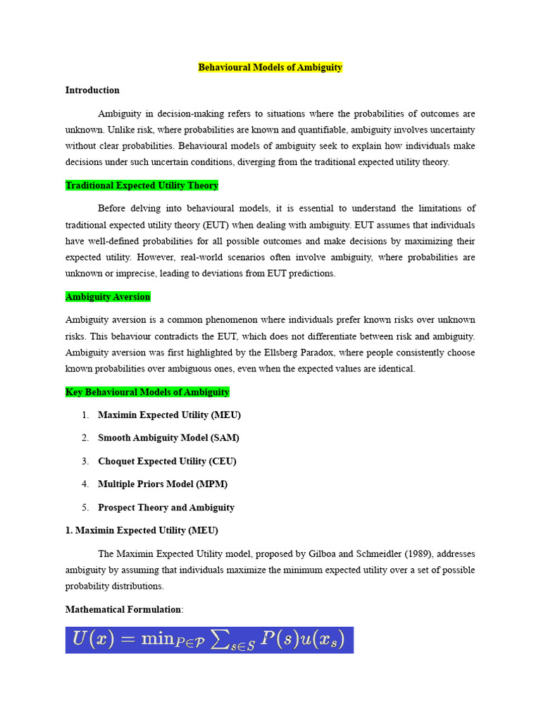 Behavioural Models of Ambiguity | PDF | Decision Theory | Utility