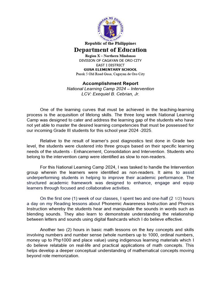 NLC narrative report | PDF | Learning | Behavior Modification