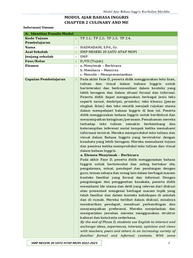 Modul Ajar Bahasa Inggris - Chapter 2 Culinary and Me | PDF