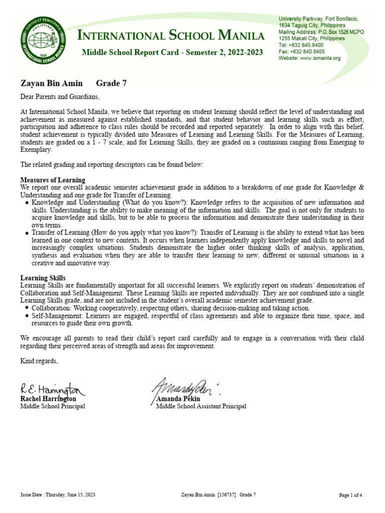 Grade 7 Semester 2 Report card Zayan Bin Amin | PDF | Learning | Knowledge