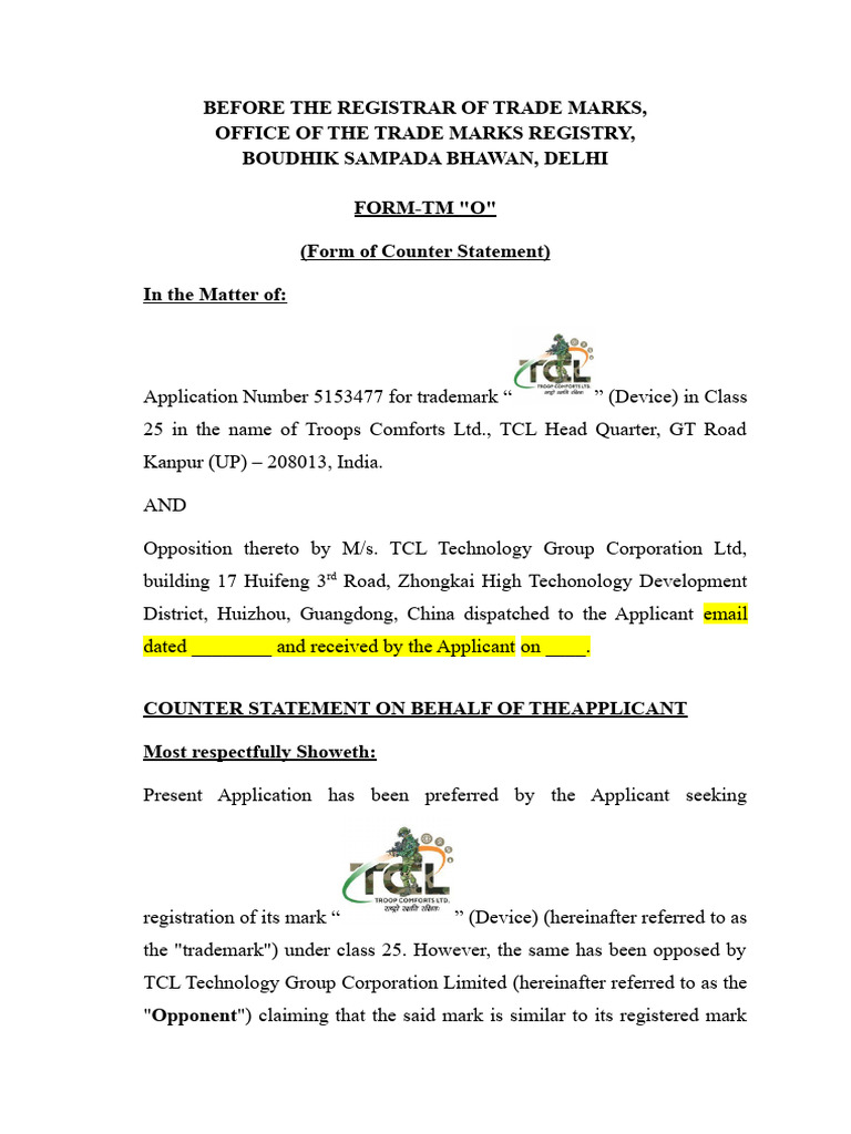 Counter Statement for Trademark Opposition | PDF | Trademark