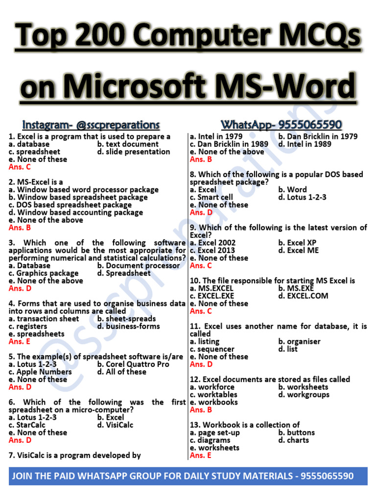 Top 250 Computer MCQs On MS Excel | PDF | Microsoft Excel | Spreadsheet