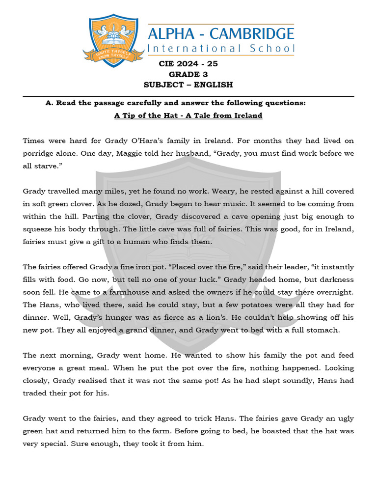 Unit 1 - Unseen Comprehension (Fiction) - English - Grade 3 - CIE (2024 ...