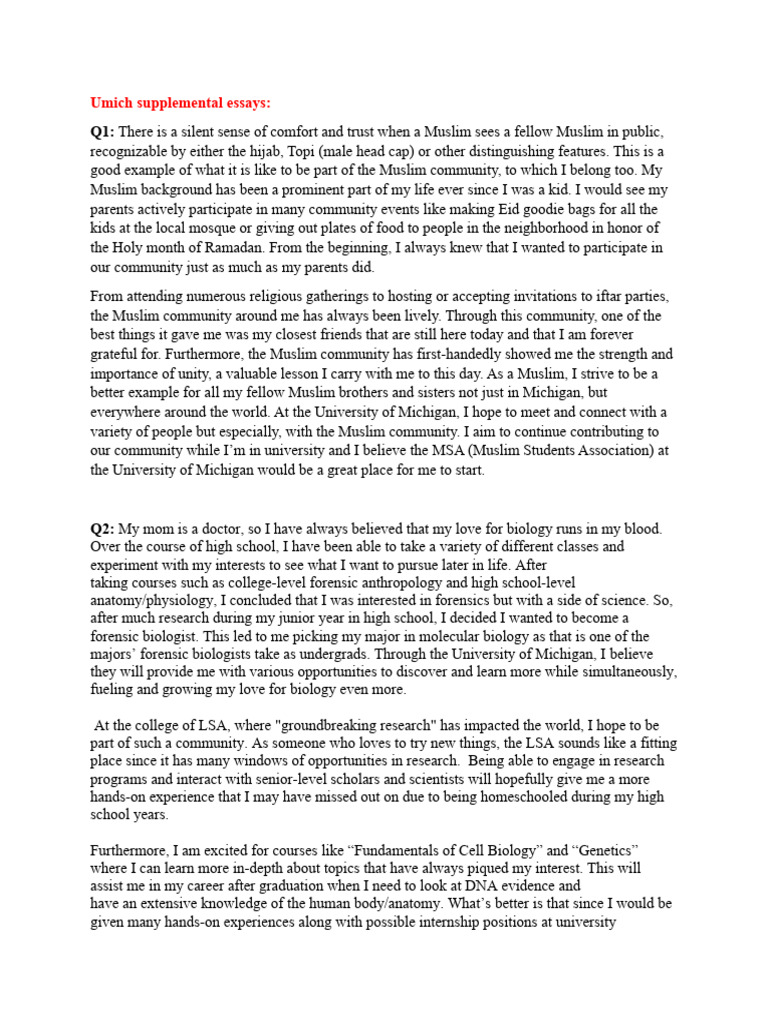 Umich Supplemntal Essays | PDF | Biologist | Biology