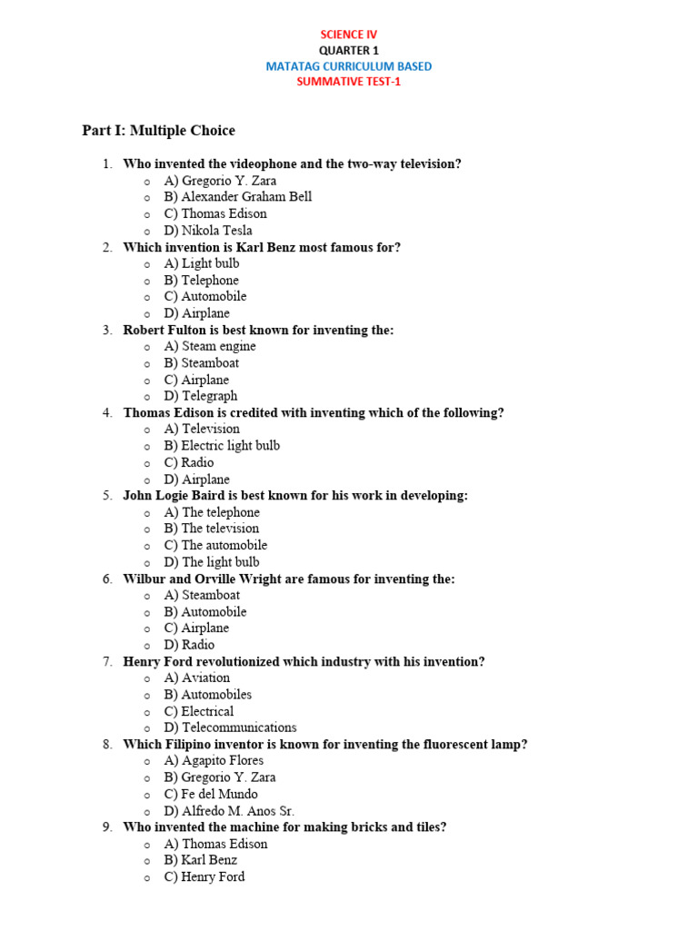 Science 4 Summative Test 1 | PDF | Car | Thomas Edison