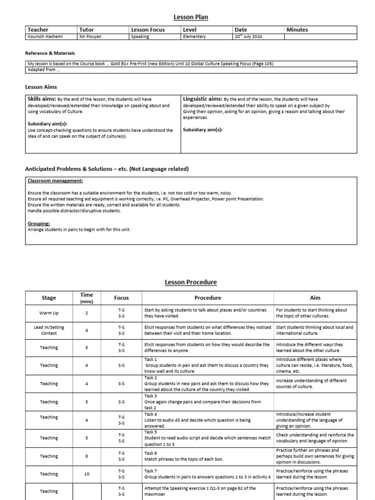 Speaking Focus Lesson Plan Kourosh Hashemi | PDF | Lesson Plan | Teachers