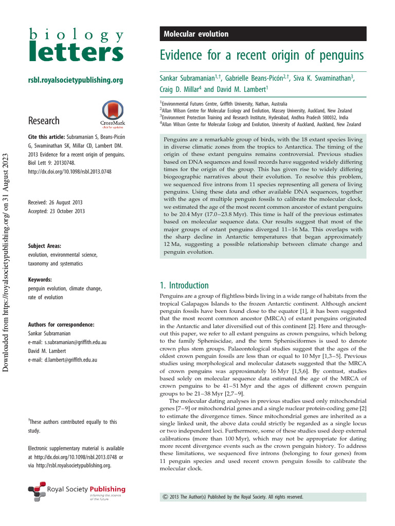 Evidence On The Origin of Penguin | PDF | Penguin | Biology
