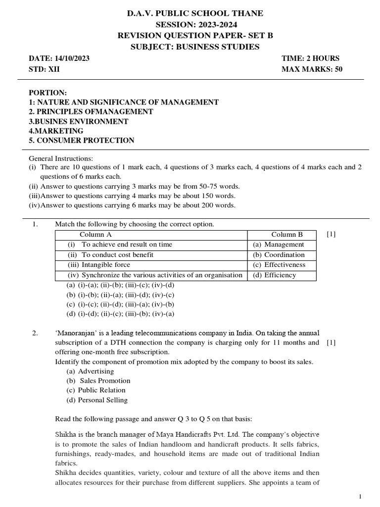 Class 12 B St T1 Th QP 23-24 (b) - 50 MARKS | PDF | Marketing | Inventory