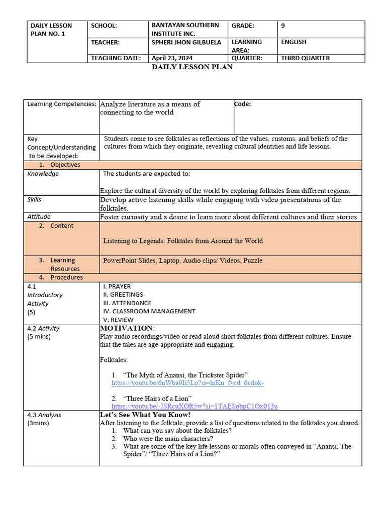 Lesson Plan Finals | PDF | Folklore | Narrative