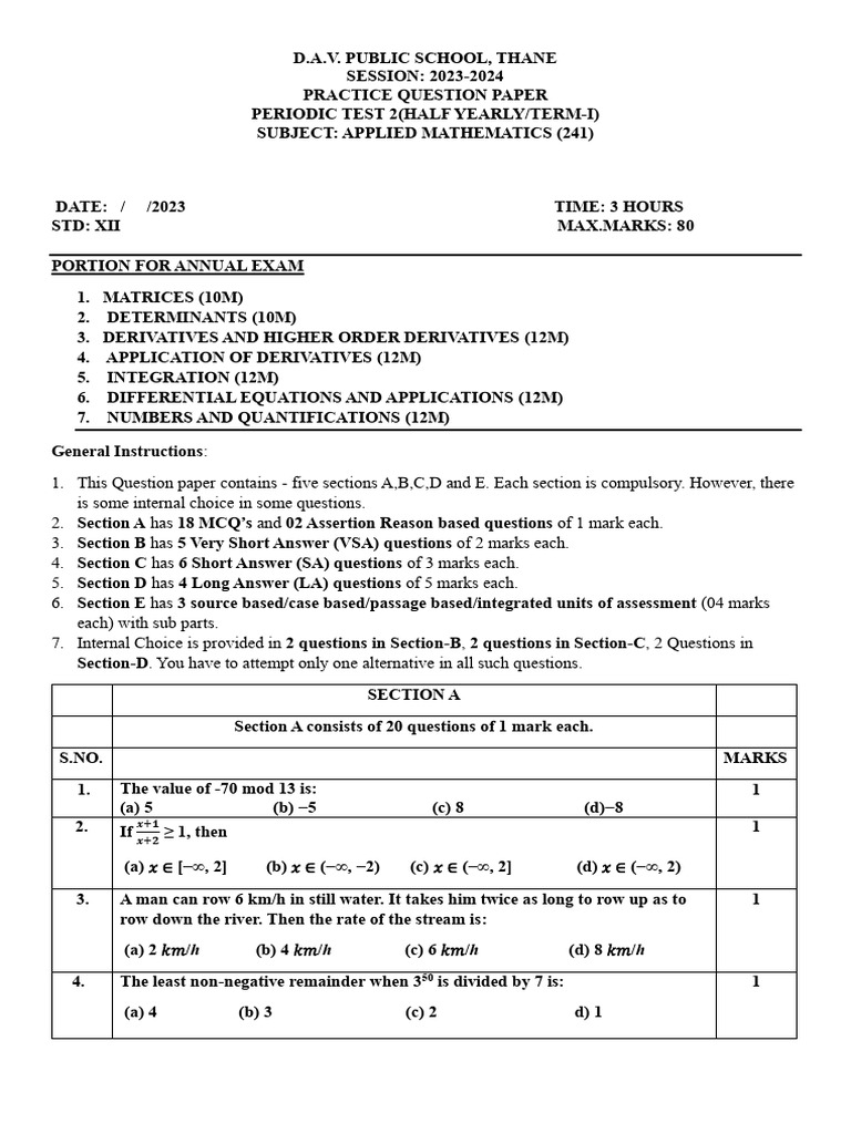 12_sample paper_T1_applied mathematics_23-24 | PDF | Economic Surplus ...