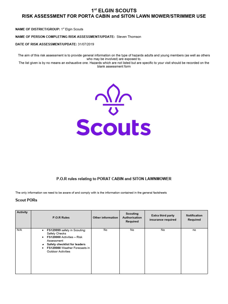 1st Elgin Scouts Group Porta Cabin Risk Assessment 2019 | PDF | Safety