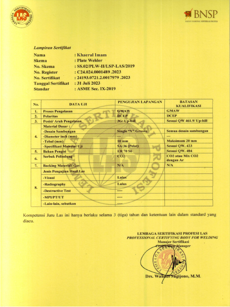 BNSP Lampiran Sertifikat | PDF