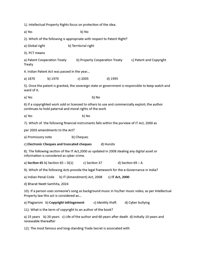 quiz | PDF | Patent | Intellectual Property