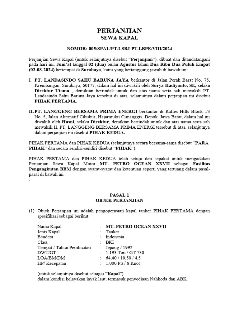 Draft Perjanjian Sewa Kapal MT. PO27 Dan PT. LBPE - AGUSTUS 2024 | PDF
